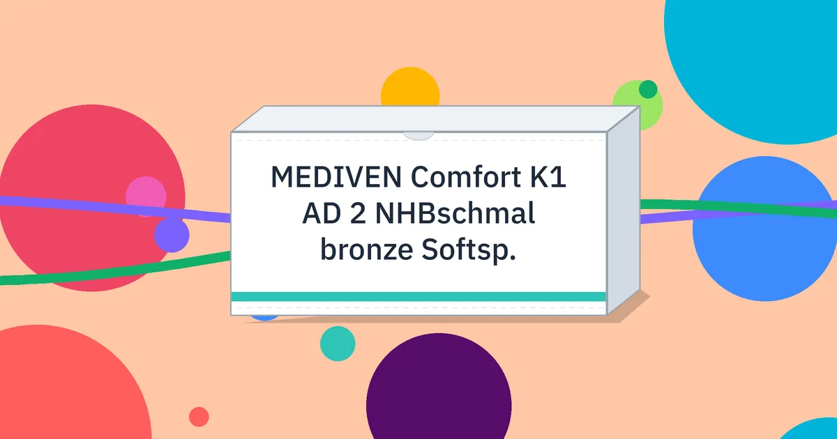 Symbolbild: Packung mit der Aufschrift MEDIVEN Comfort K1 AD 2 NHBschmal bronze Softsp. (PZN 14561819) – Verfügbarkeit und Bezug in Apotheken in Frankfurt am Main