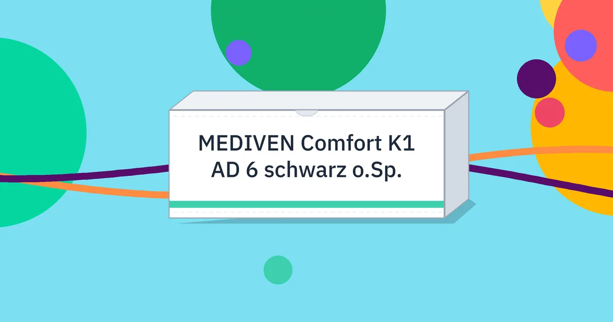 Symbolbild: Packung mit der Aufschrift MEDIVEN Comfort K1 AD 6 schwarz o.Sp. (PZN 04418469) – Verfügbarkeit und Bezug in Apotheken in Frankfurt am Main