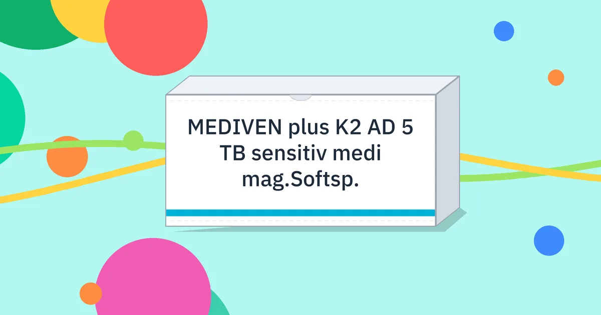 Symbolbild: Packung mit der Aufschrift MEDIVEN plus K2 AD 5 TB sensitiv medi mag.Softsp. (PZN 15105331) – Verfügbarkeit und Bezug in Apotheken in Frankfurt am Main