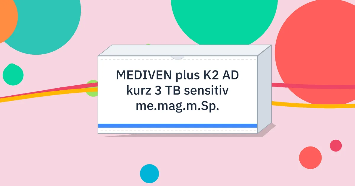 Symbolbild: Packung mit der Aufschrift MEDIVEN plus K2 AD kurz 3 TB sensitiv me.mag.m.Sp. (PZN 15106572) – Verfügbarkeit und Bezug in Apotheken in Frankfurt am Main