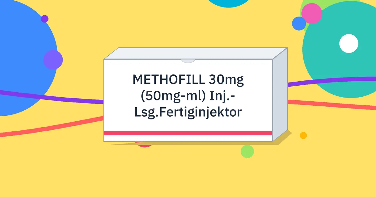 Symbolbild: Packung mit der Aufschrift METHOFILL 30mg (50mg-ml) Inj.-Lsg.Fertiginjektor (PZN 18661096) – Verfügbarkeit und Bezug in Apotheken in Frankfurt am Main