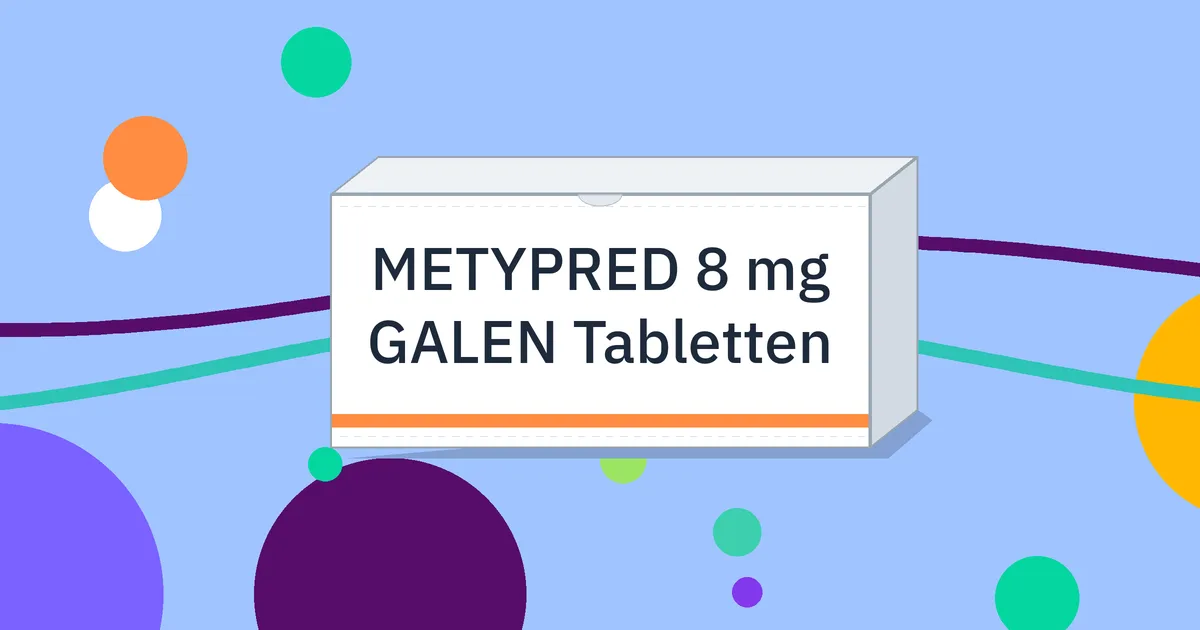 Symbolbild: Packung mit der Aufschrift METYPRED 8 mg GALEN Tabletten (PZN 13891532) – Verfügbarkeit und Bezug in Apotheken in Frankfurt am Main