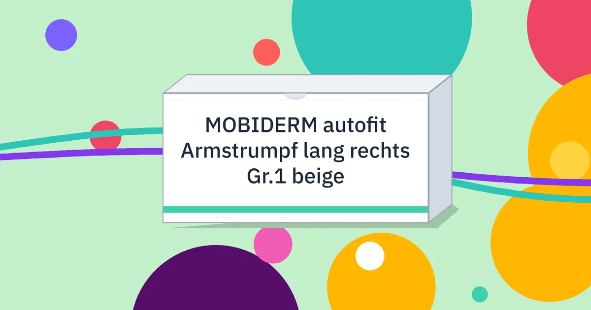 Symbolbild: Packung mit der Aufschrift MOBIDERM autofit Armstrumpf lang rechts Gr.1 beige (PZN 13969613) – Verfügbarkeit und Bezug in Apotheken in Frankfurt am Main
