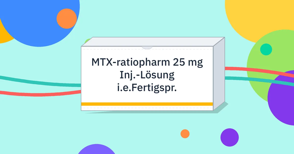 Symbolbild: Packung mit der Aufschrift MTX-ratiopharm 25 mg Inj.-Lösung i.e.Fertigspr. (PZN 14375086) – Verfügbarkeit und Bezug in Apotheken in Frankfurt am Main