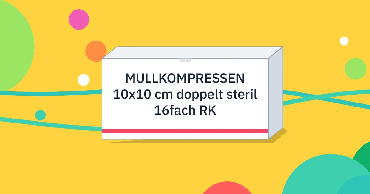 Symbolbild: Packung mit der Aufschrift MULLKOMPRESSEN 10x10 cm doppelt steril 16fach RK (PZN 12348984) – Verfügbarkeit und Bezug in Apotheken in Frankfurt am Main