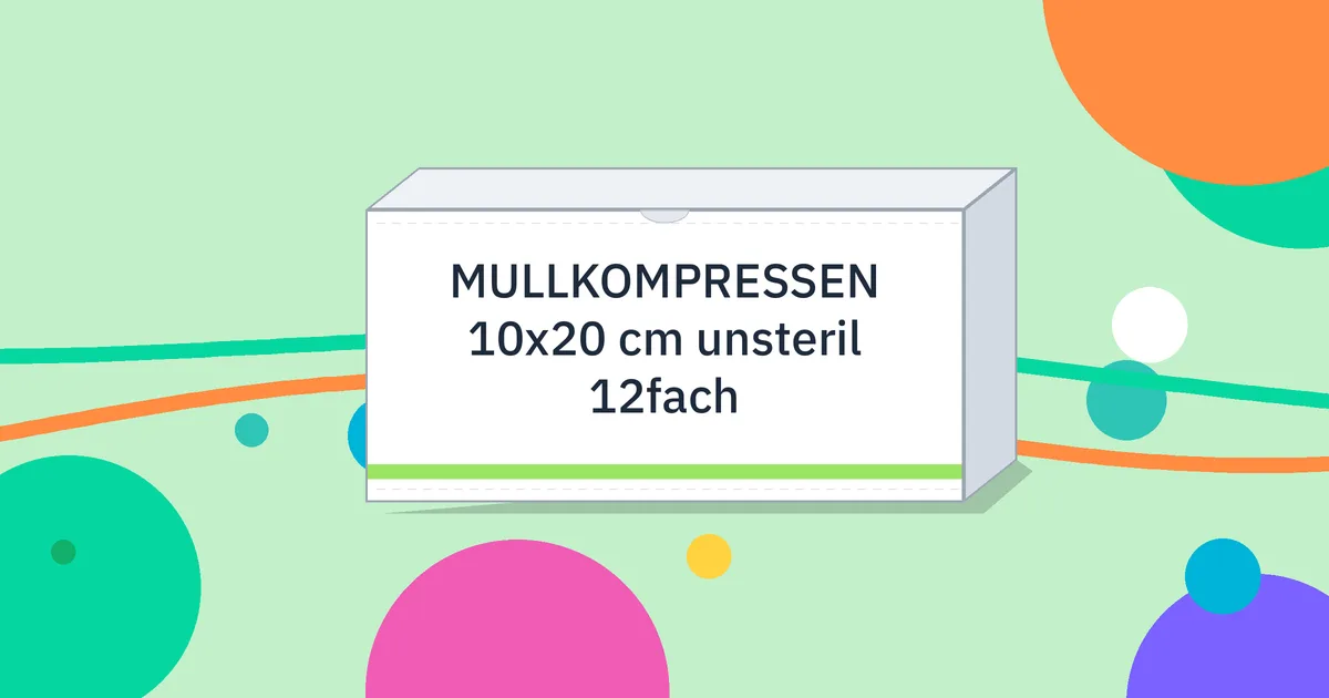 Symbolbild: Packung mit der Aufschrift MULLKOMPRESSEN 10x20 cm unsteril 12fach (PZN 08821498) – Verfügbarkeit und Bezug in Apotheken in Frankfurt am Main