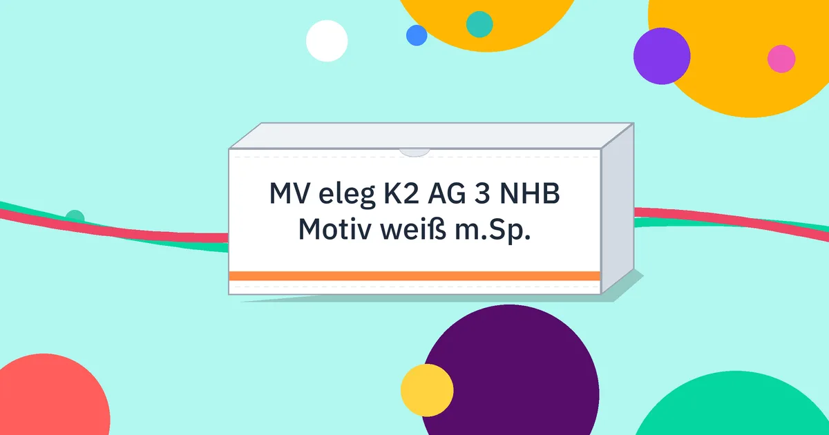 Symbolbild: Packung mit der Aufschrift MV eleg K2 AG 3 NHB Motiv weiß m.Sp. (PZN 15723342) – Verfügbarkeit und Bezug in Apotheken in Frankfurt am Main