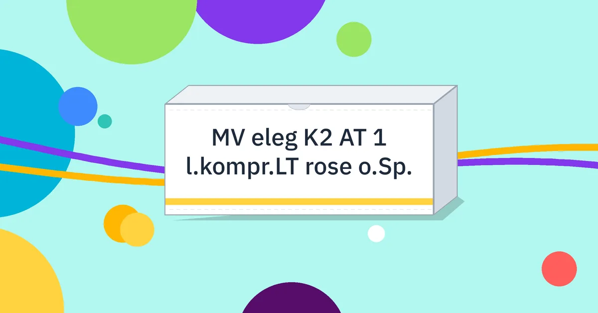 Symbolbild: Packung mit der Aufschrift MV eleg K2 AT 1 l.kompr.LT rose o.Sp. (PZN 15286203) – Verfügbarkeit und Bezug in Apotheken in Frankfurt am Main