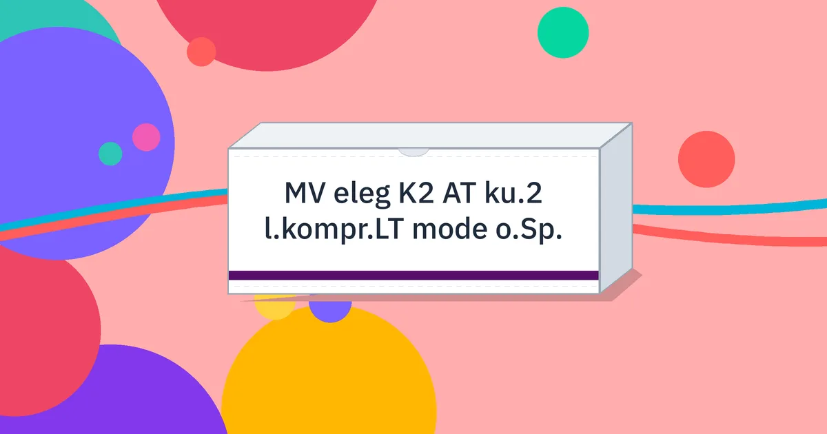 Symbolbild: Packung mit der Aufschrift MV eleg K2 AT ku.2 l.kompr.LT mode o.Sp. (PZN 06189599) – Verfügbarkeit und Bezug in Apotheken in Frankfurt am Main