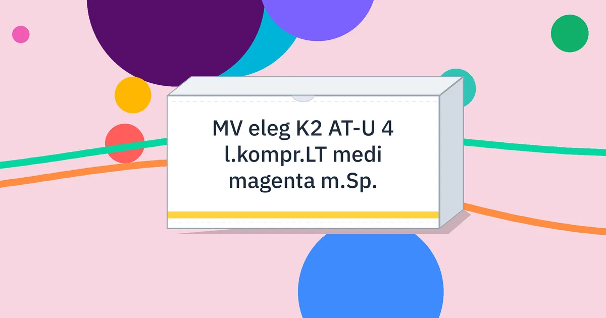 Symbolbild: Packung mit der Aufschrift MV eleg K2 AT-U 4 l.kompr.LT medi magenta m.Sp. (PZN 15289762) – Verfügbarkeit und Bezug in Apotheken in Frankfurt am Main