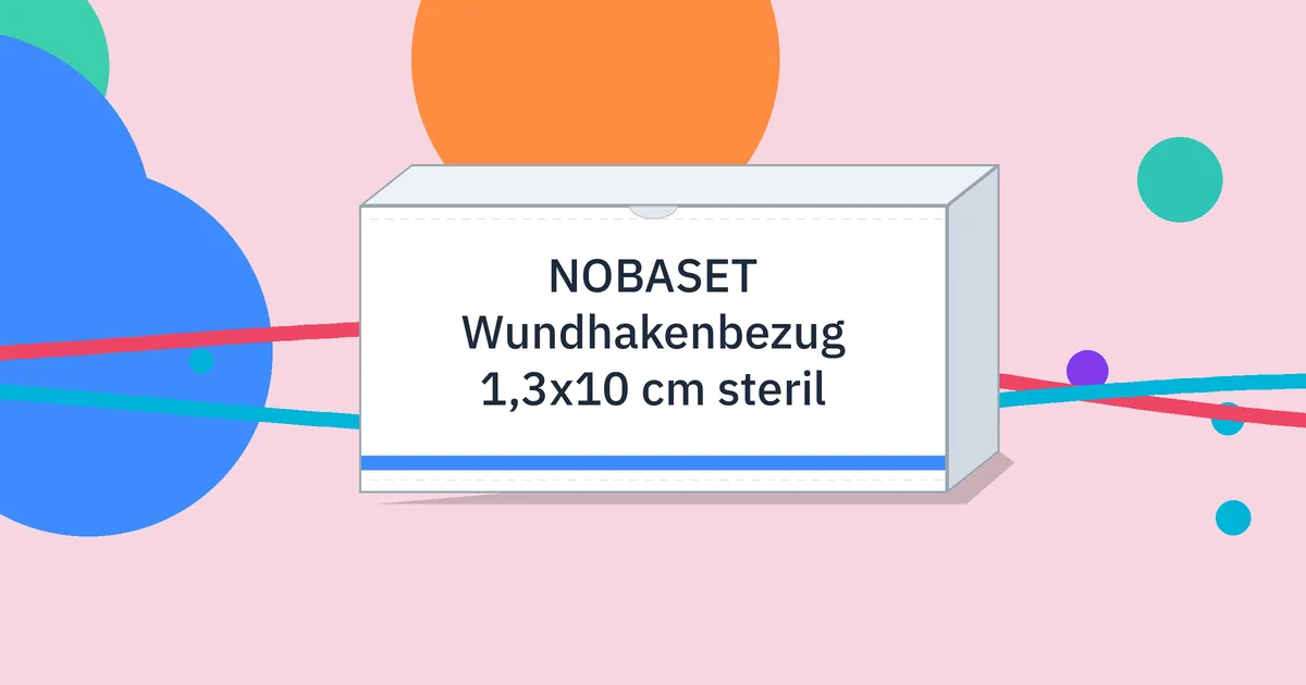 Symbolbild: Packung mit der Aufschrift NOBASET Wundhakenbezug 1,3x10 cm steril (PZN 17824969) – Verfügbarkeit und Bezug in Apotheken in Frankfurt am Main
