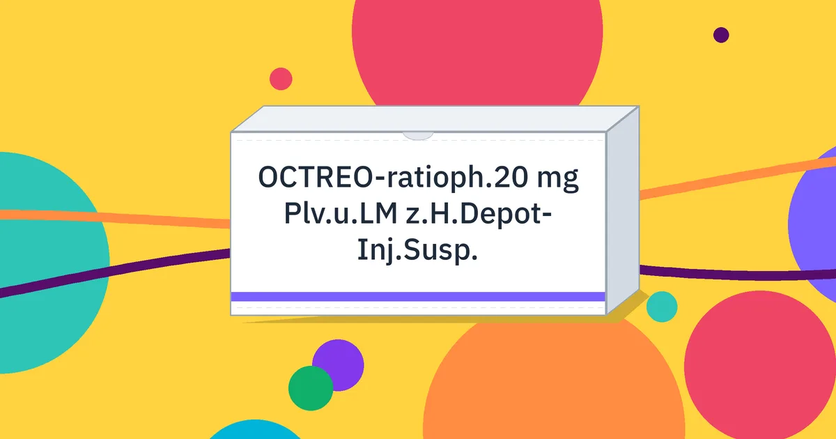 Symbolbild: Packung mit der Aufschrift OCTREO-ratioph.20 mg Plv.u.LM z.H.Depot-Inj.Susp. (PZN 14061212) – Verfügbarkeit und Bezug in Apotheken in Frankfurt am Main