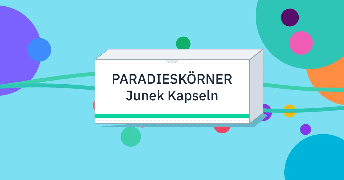 Symbolbild: Packung mit der Aufschrift PARADIESKÖRNER Junek Kapseln (PZN 20856631) – Verfügbarkeit und Bezug in Apotheken in Frankfurt am Main