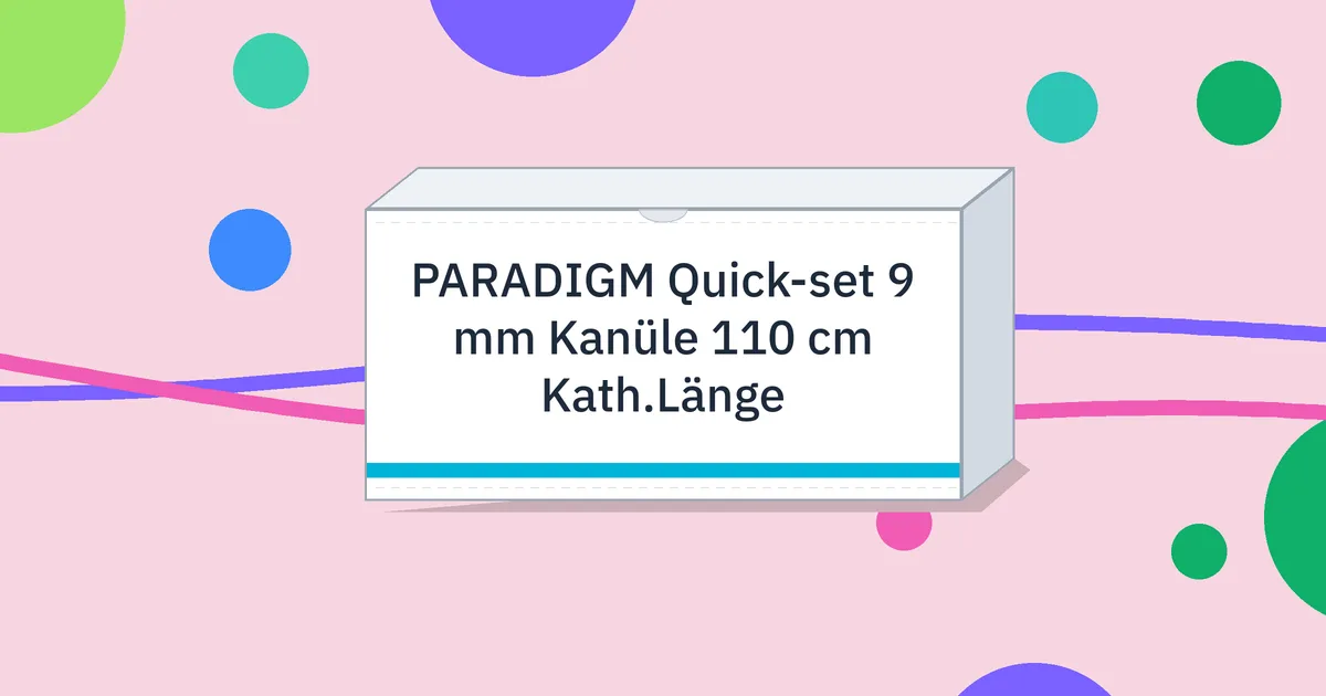 Symbolbild: Packung mit der Aufschrift PARADIGM Quick-set 9 mm Kanüle 110 cm Kath.Länge (PZN 01347585) – Verfügbarkeit und Bezug in Apotheken in Frankfurt am Main