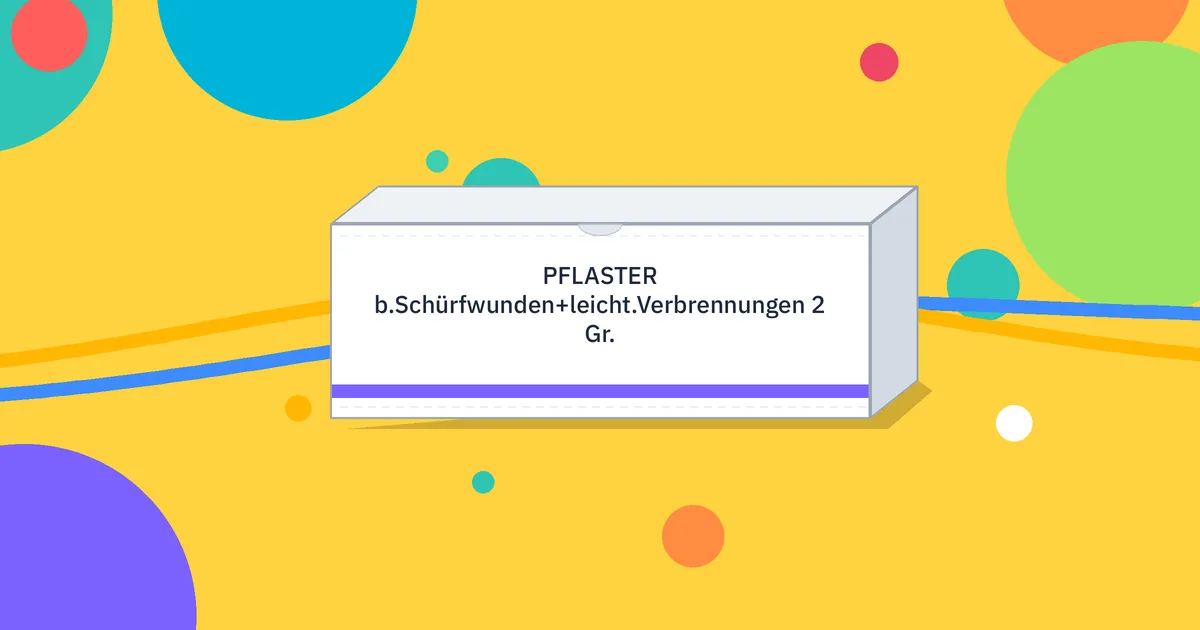 Symbolbild: Packung mit der Aufschrift PFLASTER b.Schürfwunden+leicht.Verbrennungen 2 Gr. (PZN 11349220) – Verfügbarkeit und Bezug in Apotheken in Frankfurt am Main
