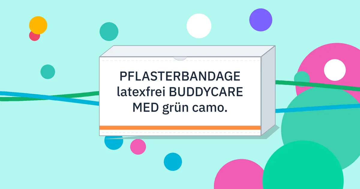 Symbolbild: Packung mit der Aufschrift PFLASTERBANDAGE latexfrei BUDDYCARE MED grün camo. (PZN 16502583) – Verfügbarkeit und Bezug in Apotheken in Frankfurt am Main