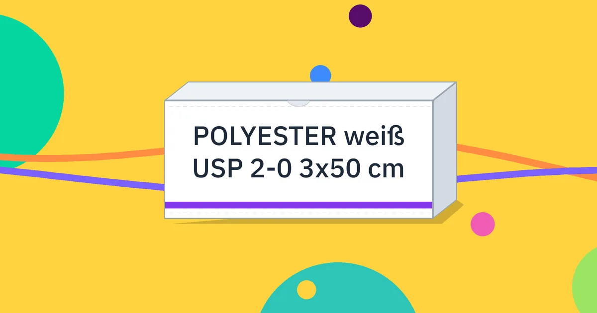 Symbolbild: Packung mit der Aufschrift POLYESTER weiß USP 2-0 3x50 cm (PZN 01816399) – Verfügbarkeit und Bezug in Apotheken in Frankfurt am Main
