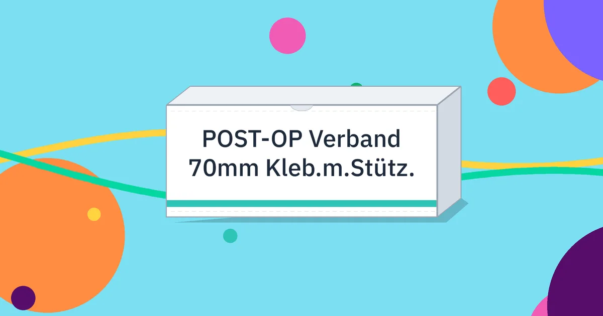 Symbolbild: Packung mit der Aufschrift POST-OP Verband 70mm Kleb.m.Stütz. (PZN 03909857) – Verfügbarkeit und Bezug in Apotheken in Frankfurt am Main