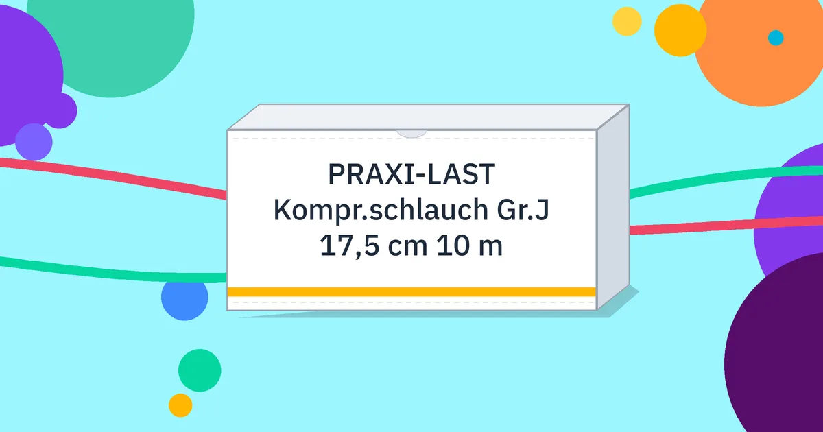 Symbolbild: Packung mit der Aufschrift PRAXI-LAST Kompr.schlauch Gr.J 17,5 cm 10 m (PZN 12827029) – Verfügbarkeit und Bezug in Apotheken in Frankfurt am Main