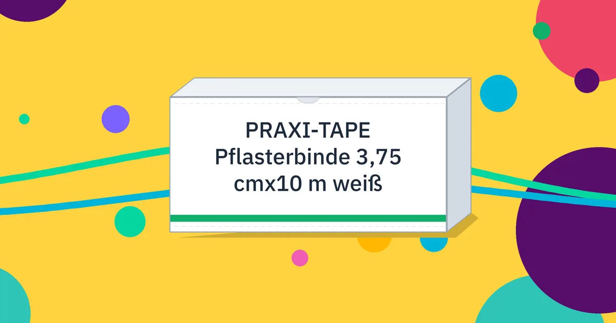 Symbolbild: Packung mit der Aufschrift PRAXI-TAPE Pflasterbinde 3,75 cmx10 m weiß (PZN 12827905) – Verfügbarkeit und Bezug in Apotheken in Frankfurt am Main