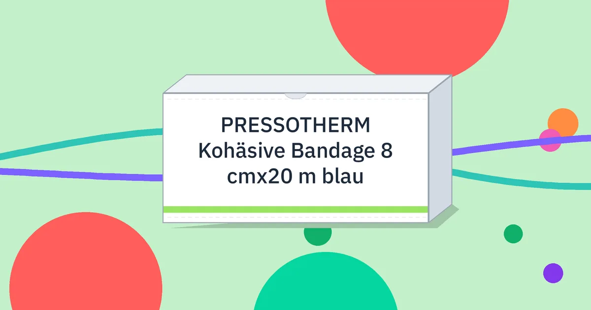 Symbolbild: Packung mit der Aufschrift PRESSOTHERM Kohäsive Bandage 8 cmx20 m blau (PZN 18201207) – Verfügbarkeit und Bezug in Apotheken in Frankfurt am Main