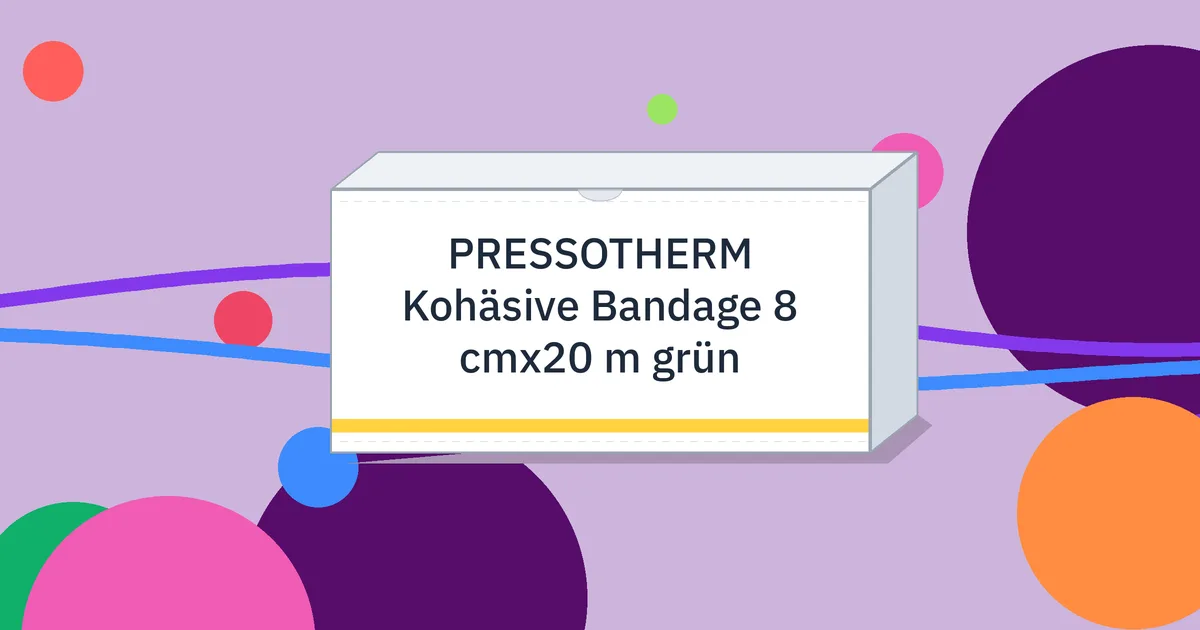 Symbolbild: Packung mit der Aufschrift PRESSOTHERM Kohäsive Bandage 8 cmx20 m grün (PZN 18201176) – Verfügbarkeit und Bezug in Apotheken in Frankfurt am Main