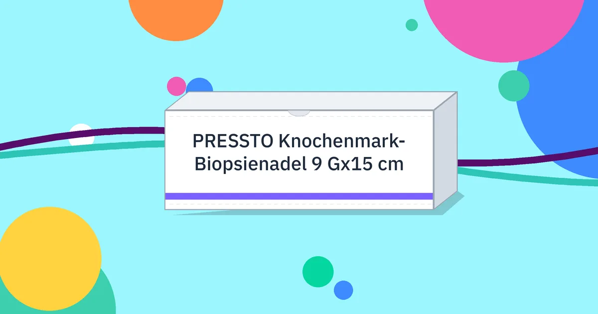 Symbolbild: Packung mit der Aufschrift PRESSTO Knochenmark-Biopsienadel 9 Gx15 cm (PZN 14384145) – Verfügbarkeit und Bezug in Apotheken in Frankfurt am Main