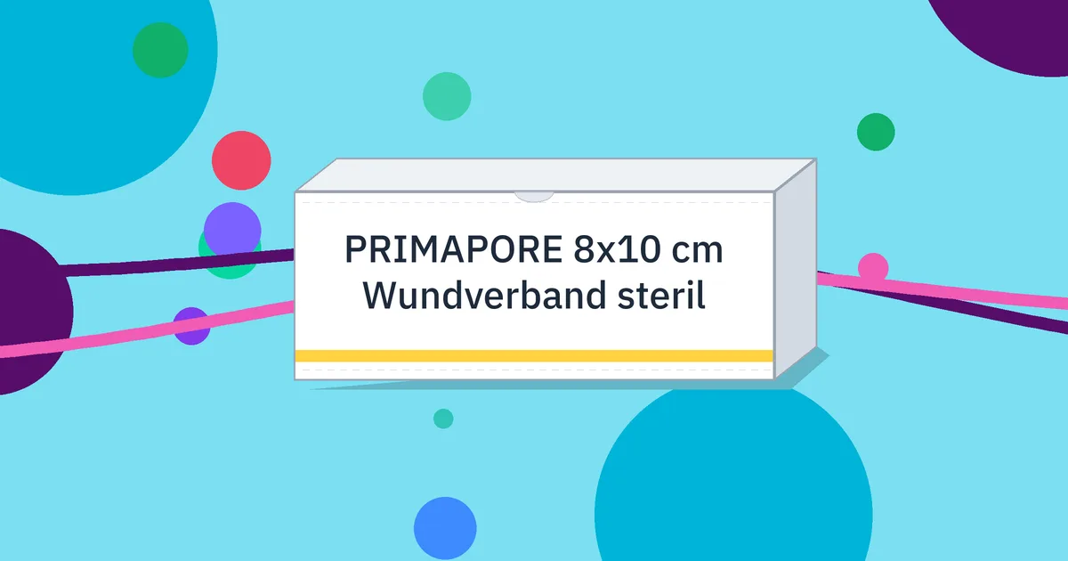 Symbolbild: Packung mit der Aufschrift PRIMAPORE 8x10 cm Wundverband steril (PZN 13895286) – Verfügbarkeit und Bezug in Apotheken in Frankfurt am Main