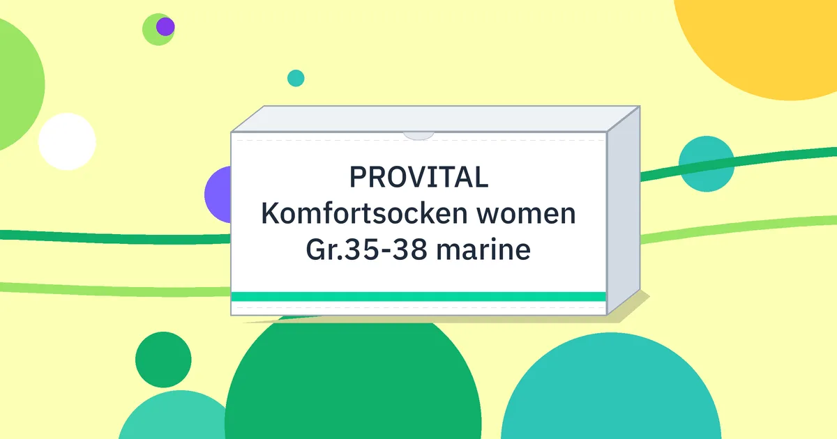 Symbolbild: Packung mit der Aufschrift PROVITAL Komfortsocken women Gr.35-38 marine (PZN 11080887) – Verfügbarkeit und Bezug in Apotheken in Frankfurt am Main