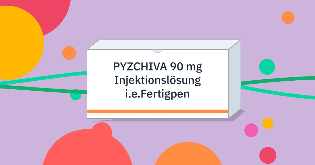 Symbolbild: Packung mit der Aufschrift PYZCHIVA 90 mg Injektionslösung i.e.Fertigpen (PZN 20040823) – Verfügbarkeit und Bezug in Apotheken in Frankfurt am Main