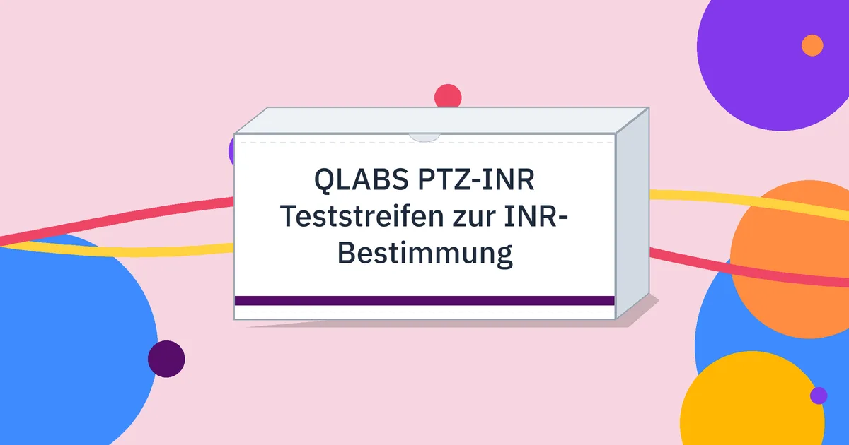 Symbolbild: Packung mit der Aufschrift QLABS PTZ-INR Teststreifen zur INR-Bestimmung (PZN 12561560) – Verfügbarkeit und Bezug in Apotheken in Frankfurt am Main