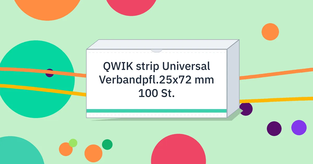 Symbolbild: Packung mit der Aufschrift QWIK strip Universal Verbandpfl.25x72 mm 100 St. (PZN 04941567) – Verfügbarkeit und Bezug in Apotheken in Frankfurt am Main