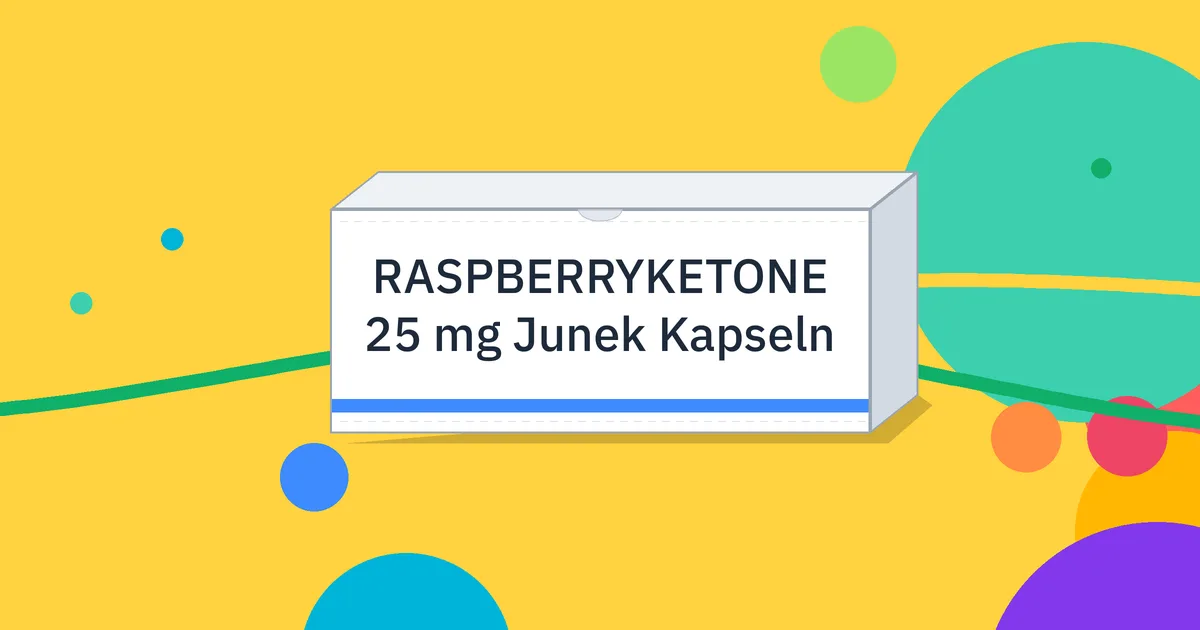 Symbolbild: Packung mit der Aufschrift RASPBERRYKETONE 25 mg Junek Kapseln (PZN 10977210) – Verfügbarkeit und Bezug in Apotheken in Frankfurt am Main
