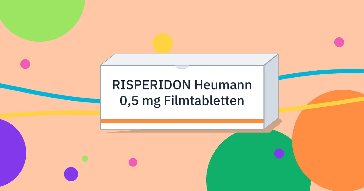 Symbolbild: Packung mit der Aufschrift RISPERIDON Heumann 0,5 mg Filmtabletten (PZN 01476644) – Verfügbarkeit und Bezug in Apotheken in Frankfurt am Main