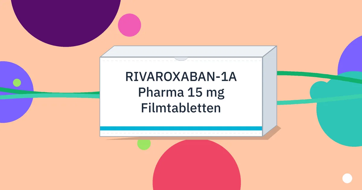 Symbolbild: Packung mit der Aufschrift RIVAROXABAN-1A Pharma 15 mg Filmtabletten (PZN 18712623) – Verfügbarkeit und Bezug in Apotheken in Frankfurt am Main