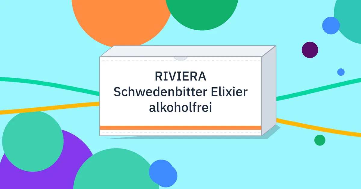 Symbolbild: Packung mit der Aufschrift RIVIERA Schwedenbitter Elixier alkoholfrei (PZN 20893342) – Verfügbarkeit und Bezug in Apotheken in Frankfurt am Main
