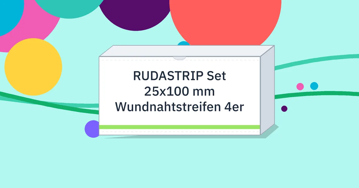 Symbolbild: Packung mit der Aufschrift RUDASTRIP Set 25x100 mm Wundnahtstreifen 4er (PZN 18397558) – Verfügbarkeit und Bezug in Apotheken in Frankfurt am Main