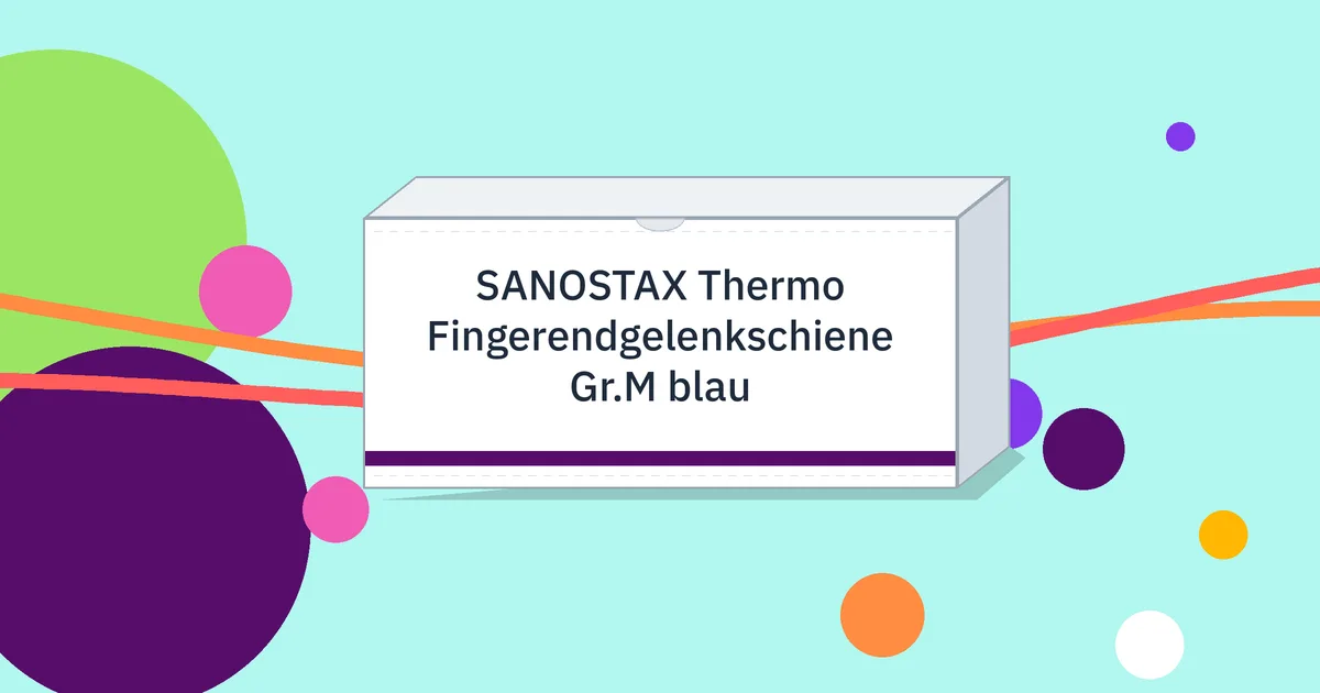 Symbolbild: Packung mit der Aufschrift SANOSTAX Thermo Fingerendgelenkschiene Gr.M blau (PZN 11550494) – Verfügbarkeit und Bezug in Apotheken in Frankfurt am Main
