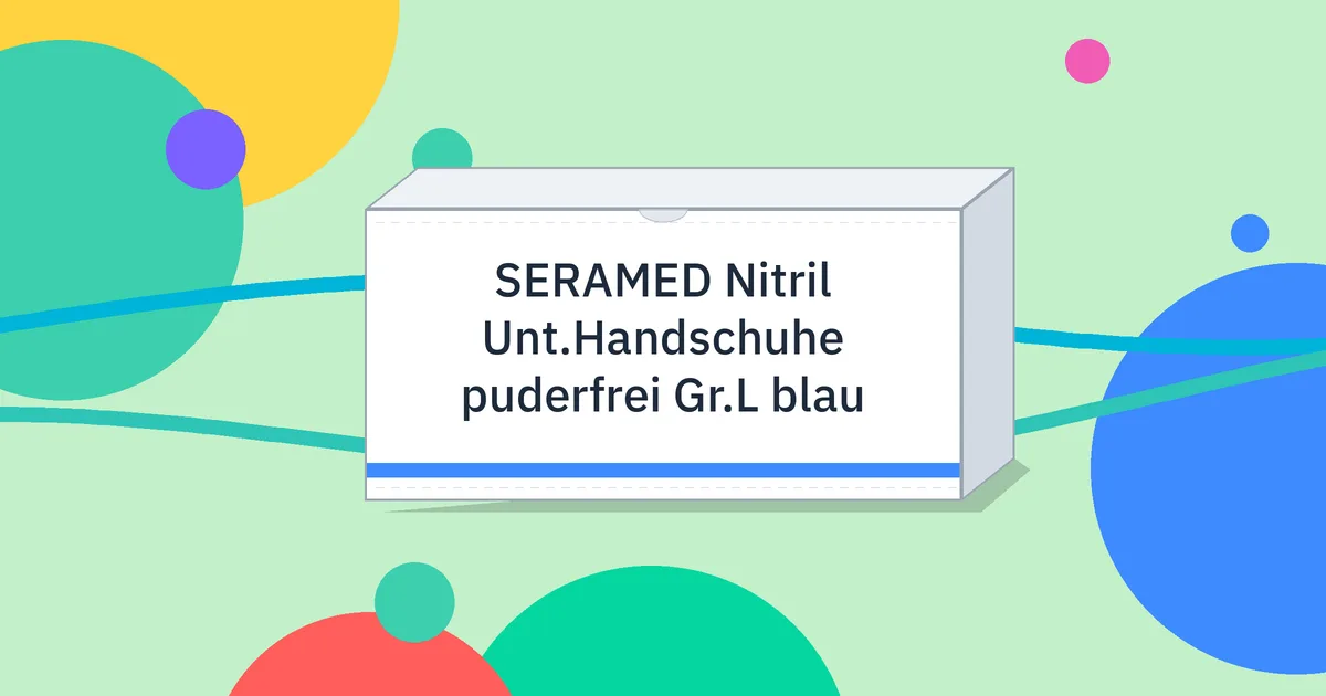 Symbolbild: Packung mit der Aufschrift SERAMED Nitril Unt.Handschuhe puderfrei Gr.L blau (PZN 18026810) – Verfügbarkeit und Bezug in Apotheken in Frankfurt am Main