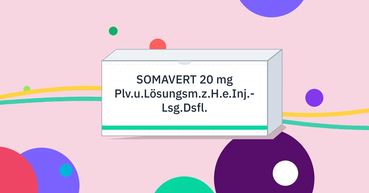 Symbolbild: Packung mit der Aufschrift SOMAVERT 20 mg Plv.u.Lösungsm.z.H.e.Inj.-Lsg.Dsfl. (PZN 09508390) – Verfügbarkeit und Bezug in Apotheken in Frankfurt am Main