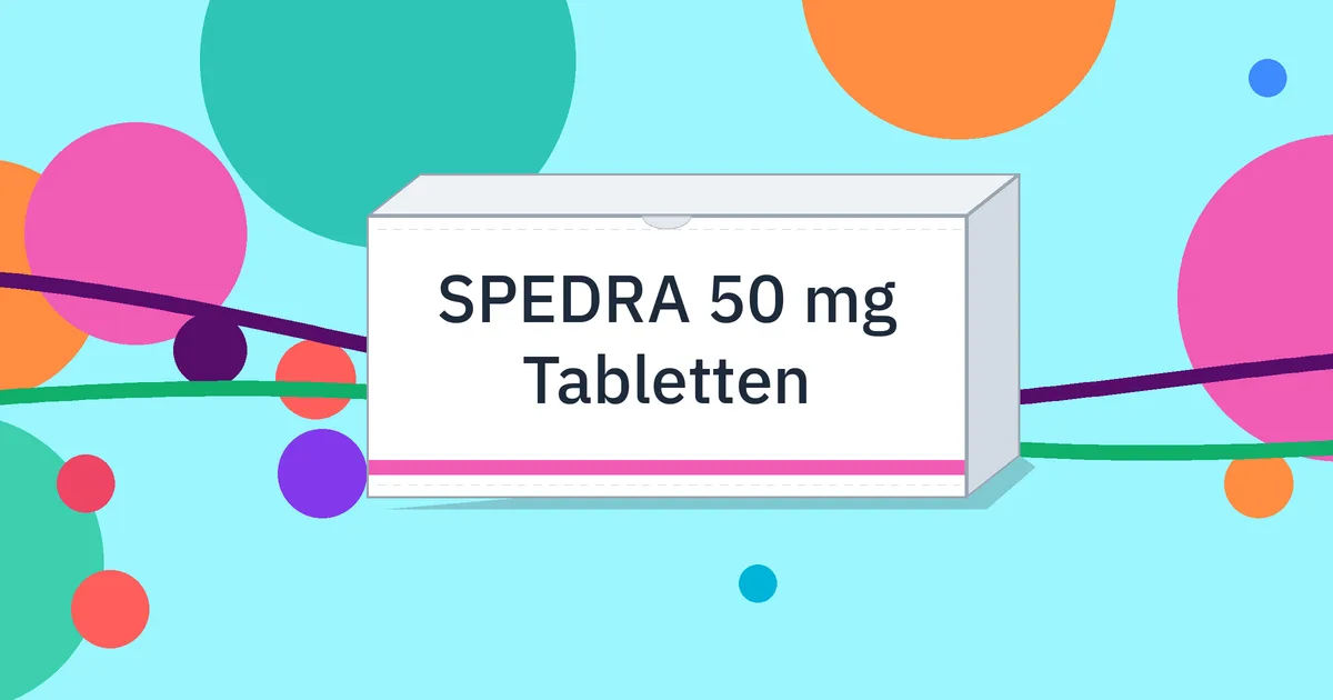 Symbolbild: Packung mit der Aufschrift SPEDRA 50 mg Tabletten (PZN 10130519) – Verfügbarkeit und Bezug in Apotheken in Frankfurt am Main