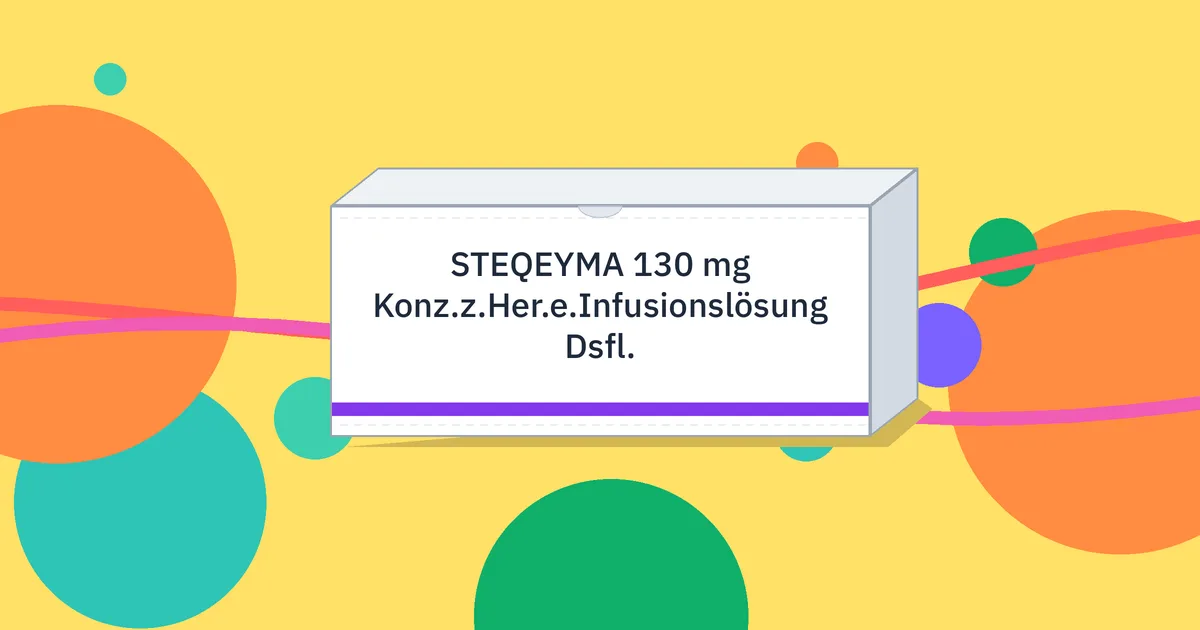 Symbolbild: Packung mit der Aufschrift STEQEYMA 130 mg Konz.z.Her.e.Infusionslösung Dsfl. (PZN 19906619) – Verfügbarkeit und Bezug in Apotheken in Frankfurt am Main