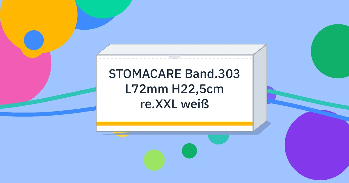Symbolbild: Packung mit der Aufschrift STOMACARE Band.303 L72mm H22,5cm re.XXL weiß (PZN 03414943) – Verfügbarkeit und Bezug in Apotheken in Frankfurt am Main