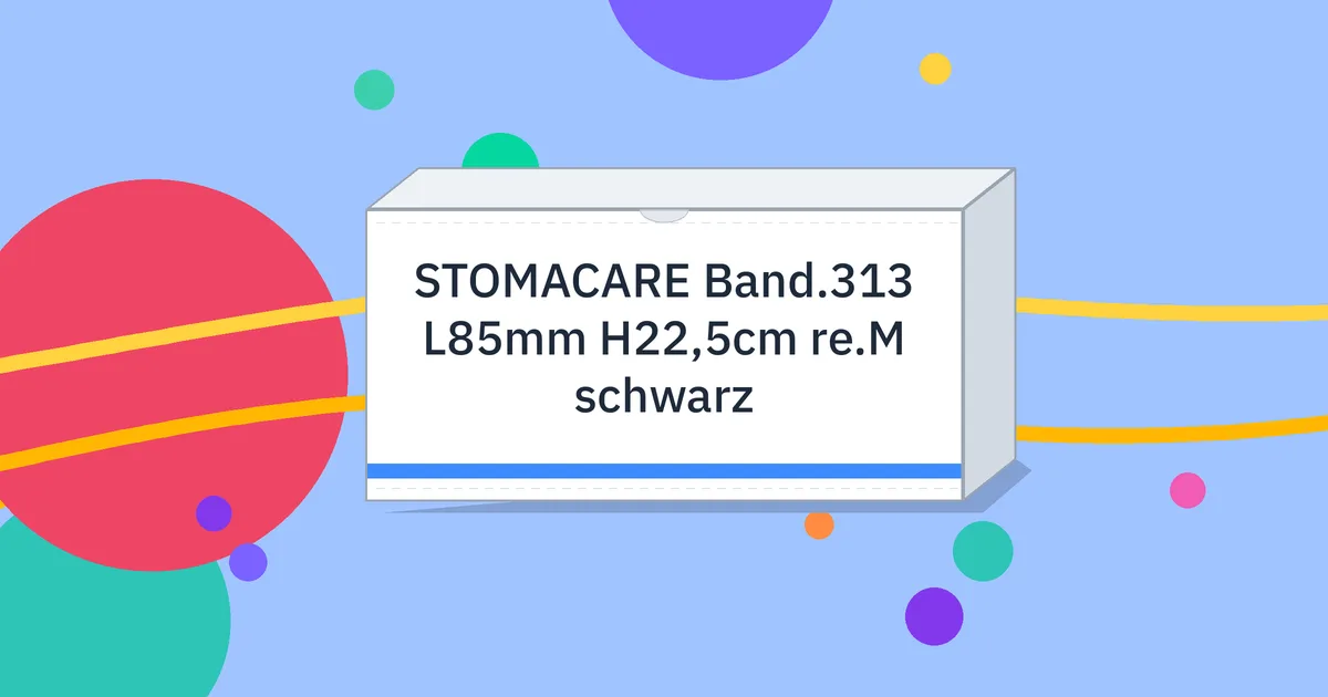 Symbolbild: Packung mit der Aufschrift STOMACARE Band.313 L85mm H22,5cm re.M schwarz (PZN 10841634) – Verfügbarkeit und Bezug in Apotheken in Frankfurt am Main