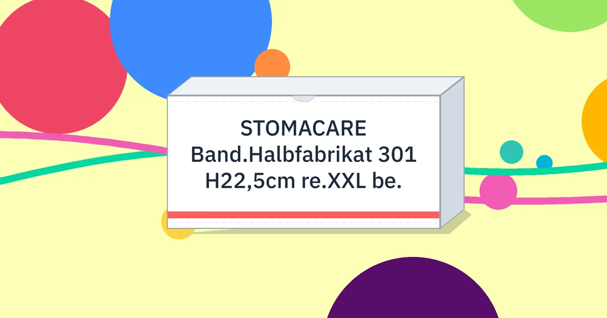 Symbolbild: Packung mit der Aufschrift STOMACARE Band.Halbfabrikat 301 H22,5cm re.XXL be. (PZN 07664045) – Verfügbarkeit und Bezug in Apotheken in Frankfurt am Main