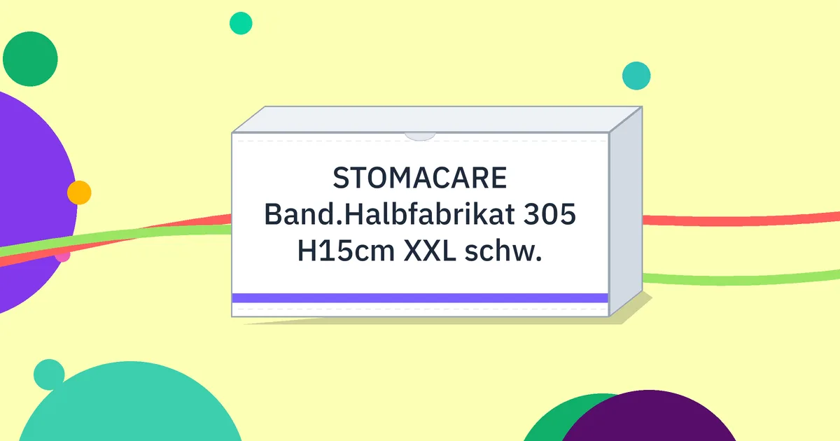 Symbolbild: Packung mit der Aufschrift STOMACARE Band.Halbfabrikat 305 H15cm XXL schw. (PZN 09436816) – Verfügbarkeit und Bezug in Apotheken in Frankfurt am Main