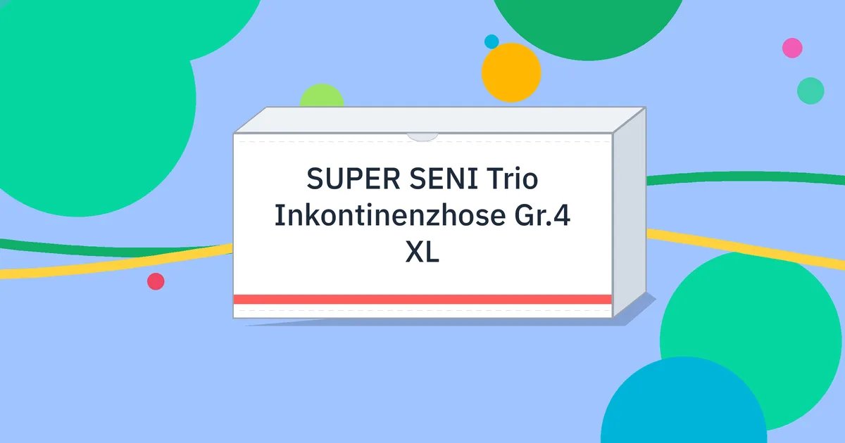 Symbolbild: Packung mit der Aufschrift SUPER SENI Trio Inkontinenzhose Gr.4 XL (PZN 12664685) – Verfügbarkeit und Bezug in Apotheken in Frankfurt am Main