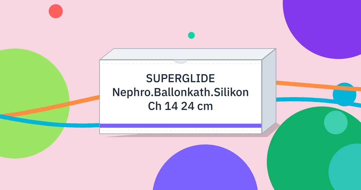 Symbolbild: Packung mit der Aufschrift SUPERGLIDE Nephro.Ballonkath.Silikon Ch 14 24 cm (PZN 05034446) – Verfügbarkeit und Bezug in Apotheken in Frankfurt am Main