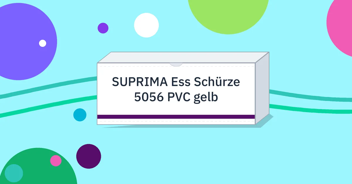 Symbolbild: Packung mit der Aufschrift SUPRIMA Ess Schürze 5056 PVC gelb (PZN 00214959) – Verfügbarkeit und Bezug in Apotheken in Frankfurt am Main