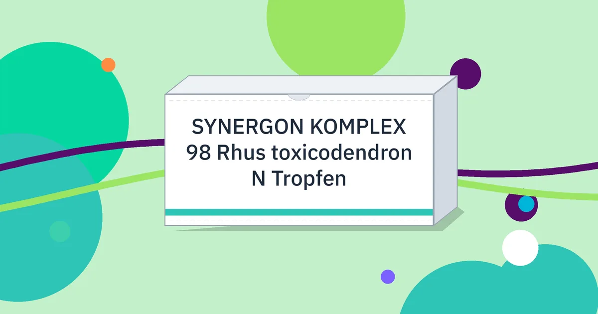 Symbolbild: Packung mit der Aufschrift SYNERGON KOMPLEX 98 Rhus toxicodendron N Tropfen (PZN 03575126) – Verfügbarkeit und Bezug in Apotheken in Frankfurt am Main
